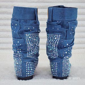 Cape Robbin | Shoes | Perplex Denim Rhinestones Sandal Slouch Boots ...